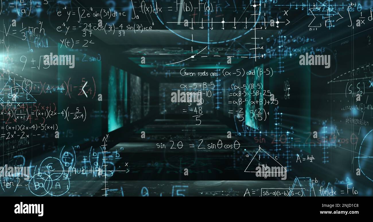 Image of mathematical equations and digital screens over black ...