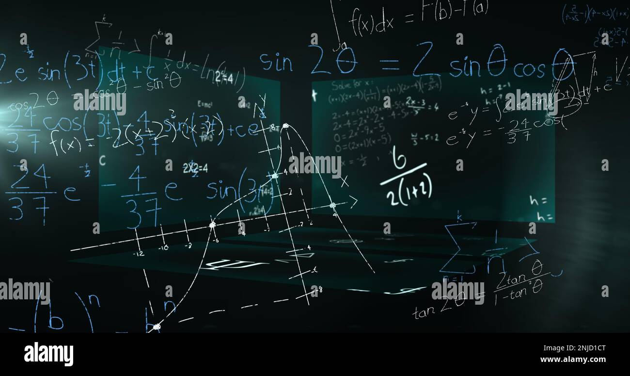 Image of data processing and mathematical equations over screens Stock ...