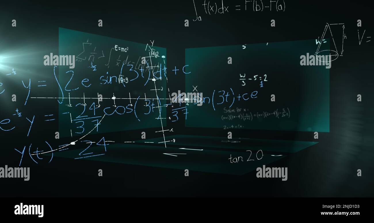 Image of data processing and mathematical equations over screens Stock ...