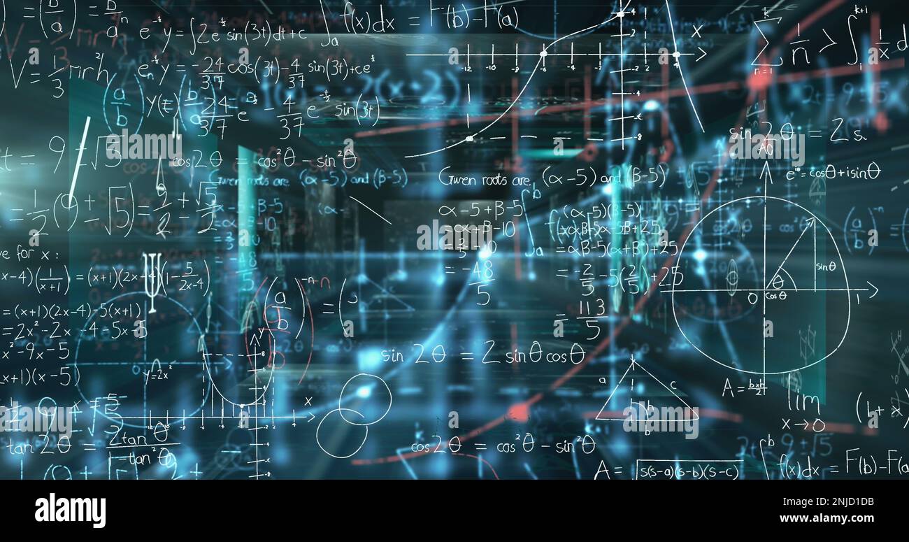 Image of mathematical equations and digital screens over black ...