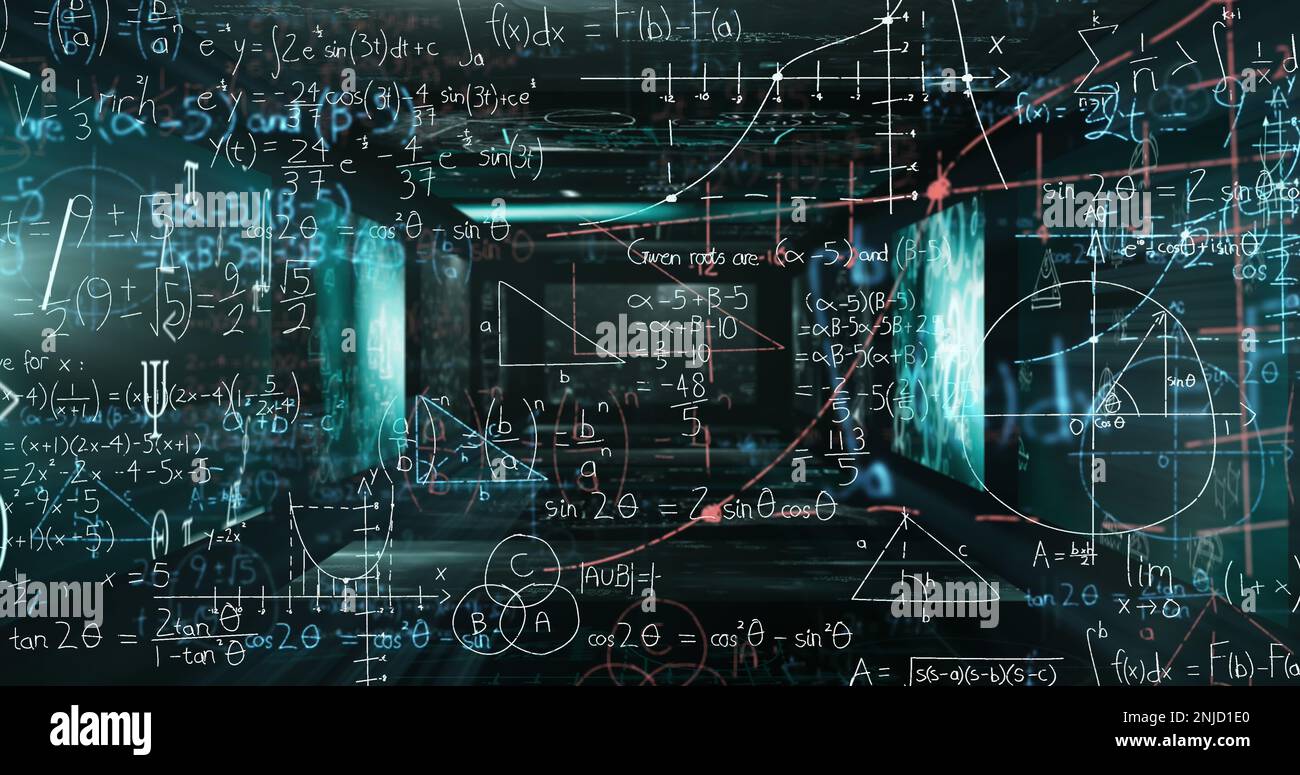Image of mathematical equations and digital screens over black ...