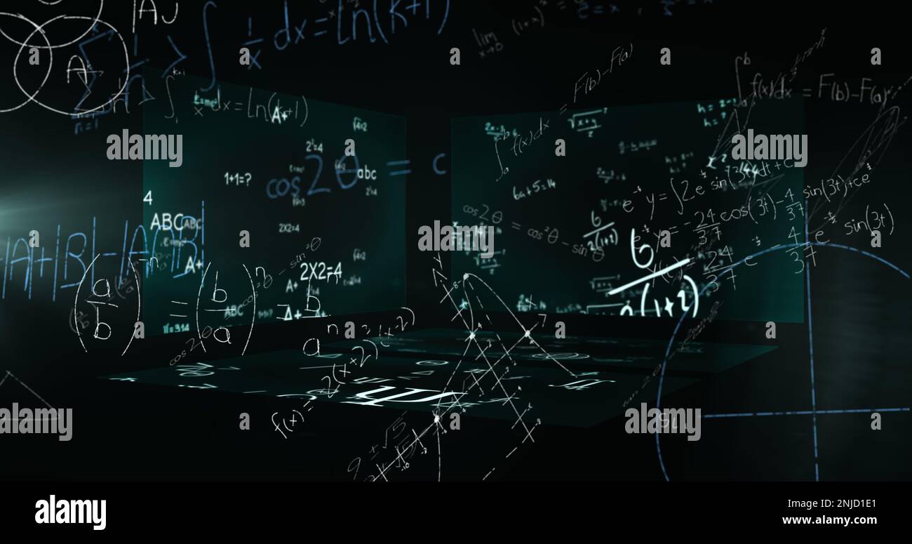 Image of data processing and mathematical equations over screens Stock ...