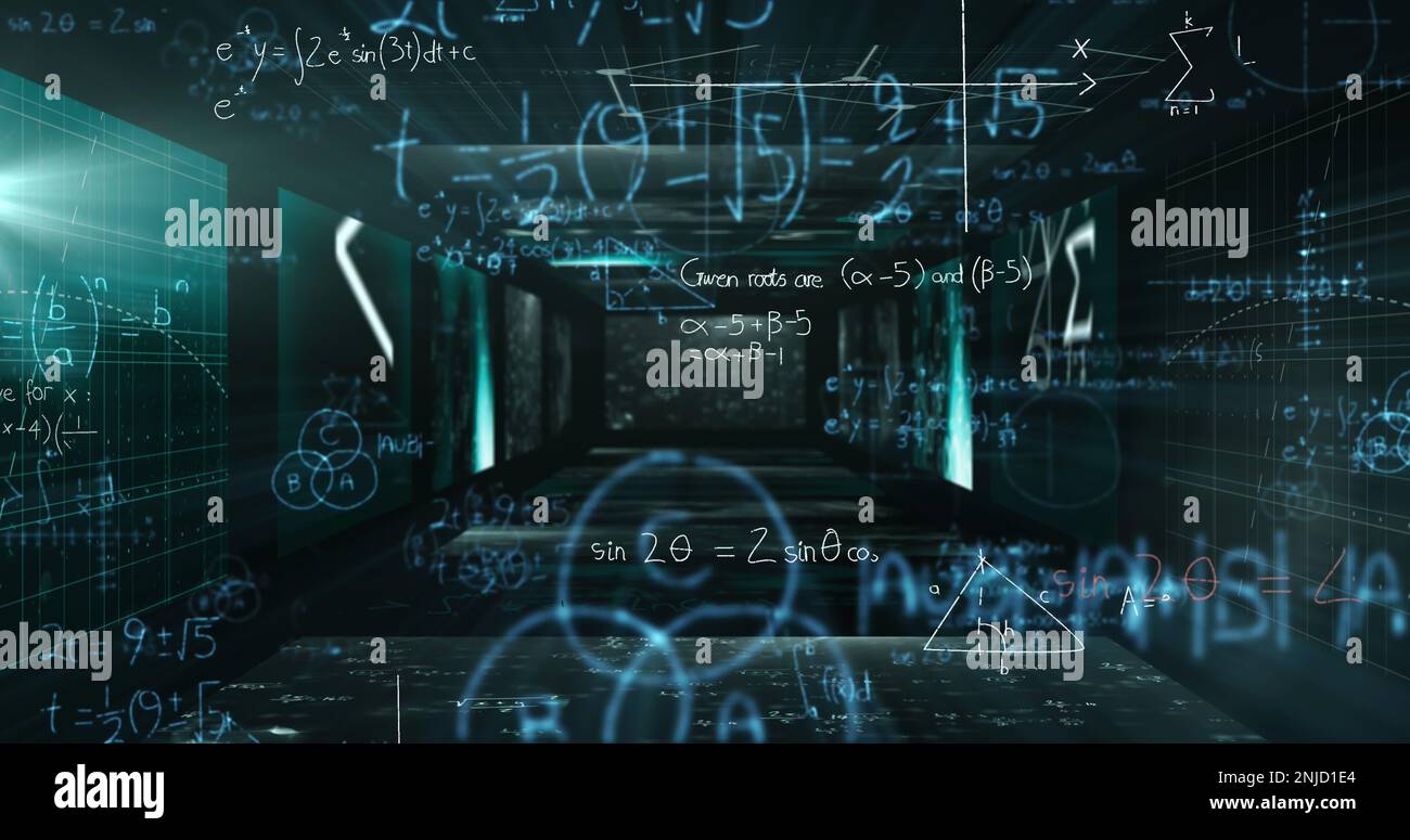 Image of mathematical equations and digital screens over black ...