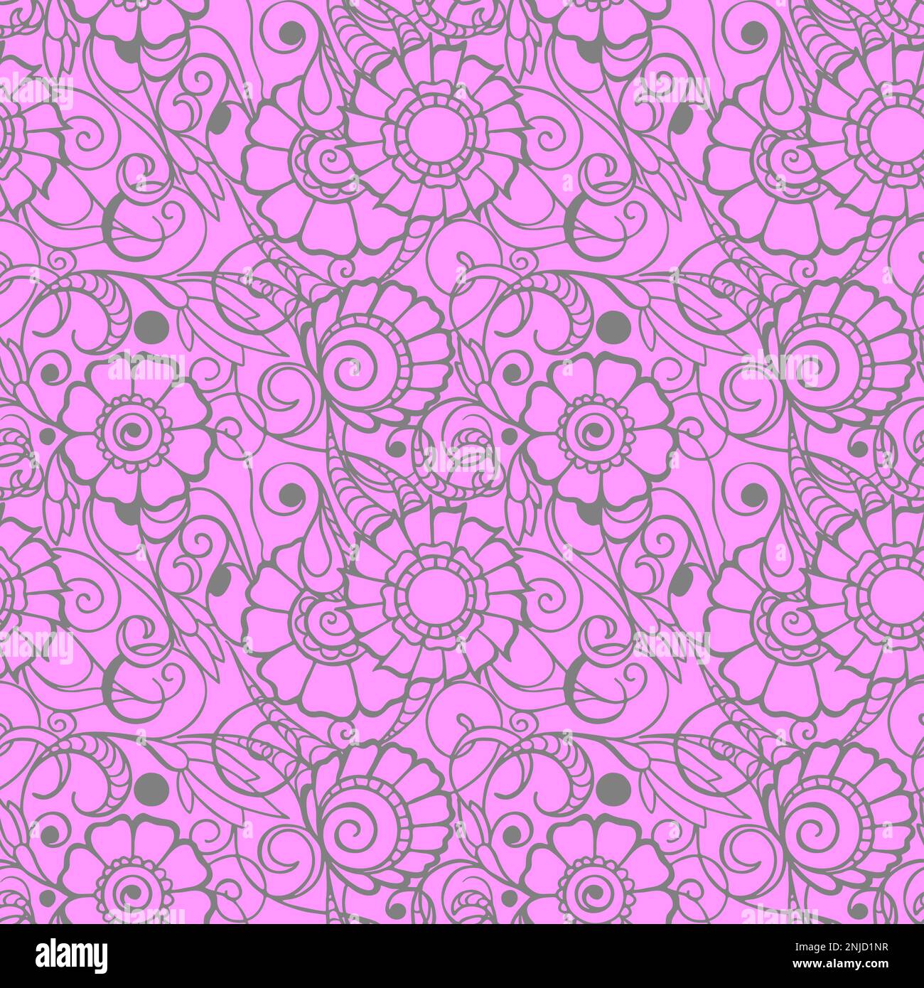 seamless pattern of gray contours of flowers on a pink background ...