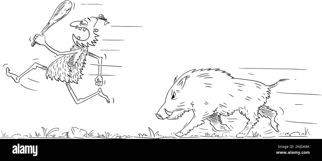 Business or Political Cartoon About Caveman Running Away Wild Boar ...