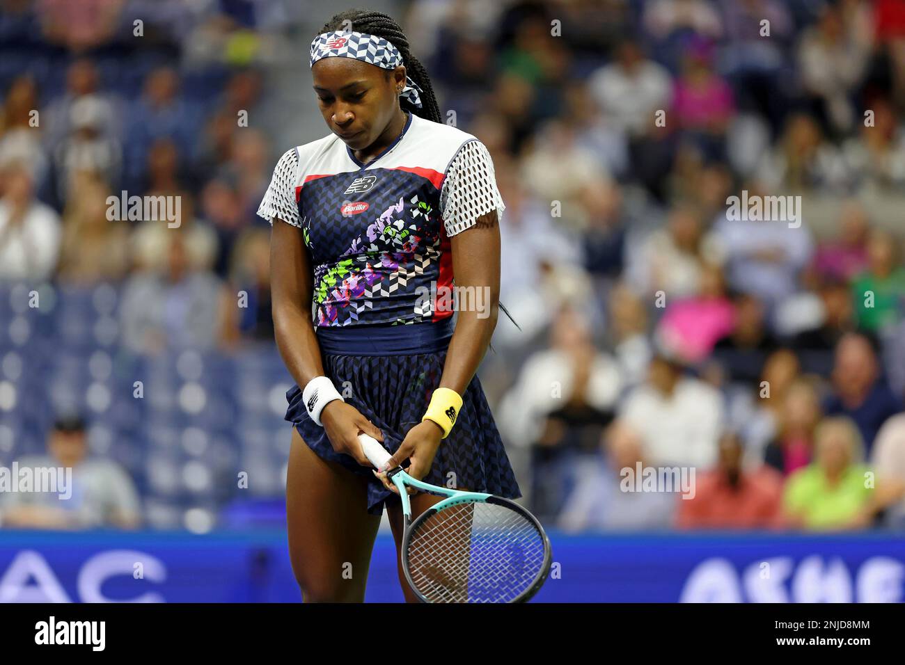 Coco Gauff reacts during a women's singles quarterfinal match at the ...