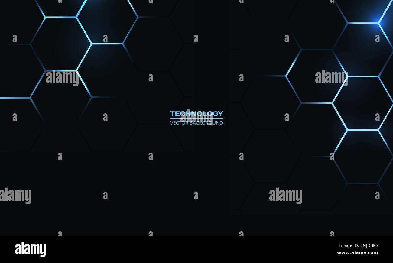Black hexagonal technology vector abstract background with blue bright energy flashes under ...