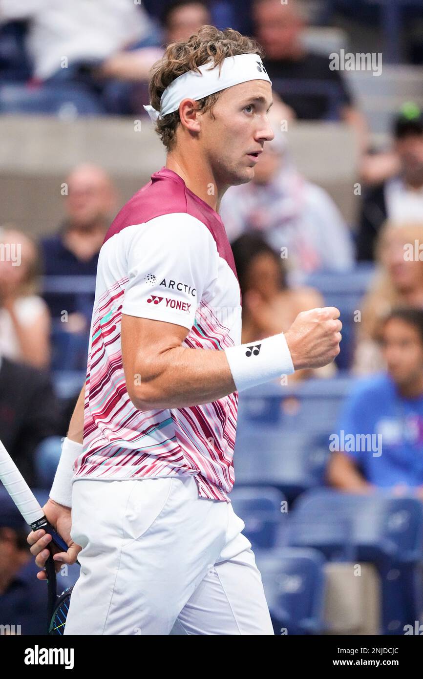 Casper Ruud reacts during a men's singles quarterfinal match at the ...