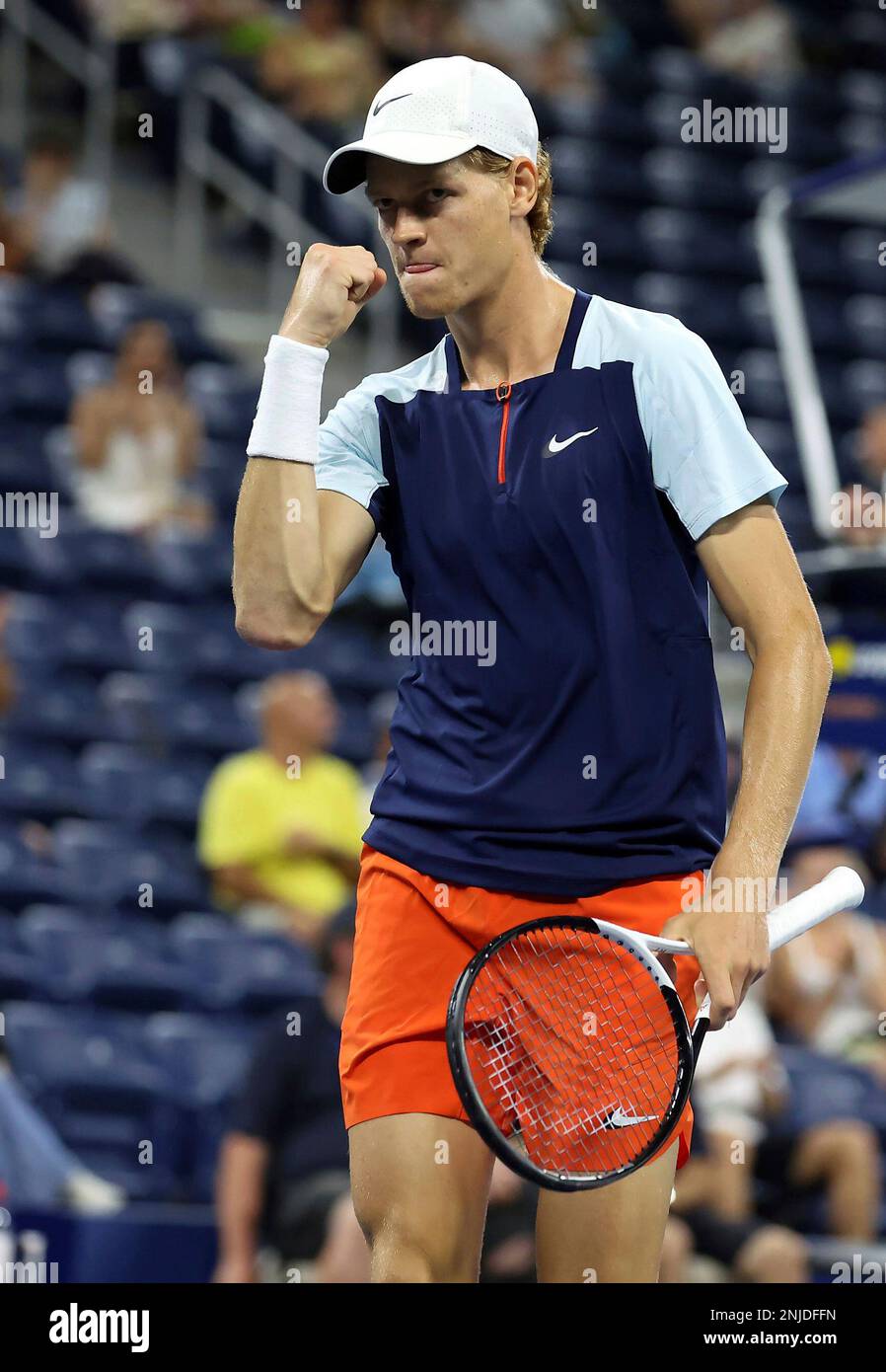 Jannik Sinner reacts during a men's singles match at the 2022 US Open ...