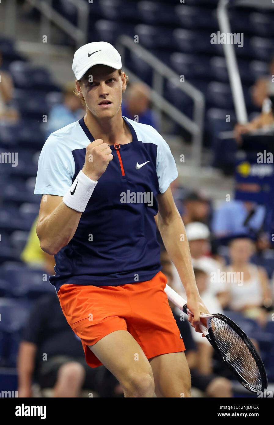 Jannik Sinner reacts during a men's singles match at the 2022 US Open ...