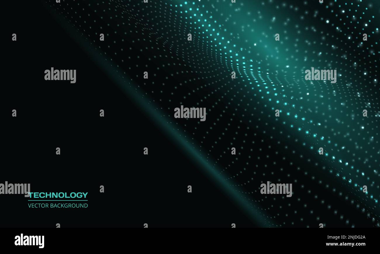 Digital abstract vector technology particle wave in dark green ...