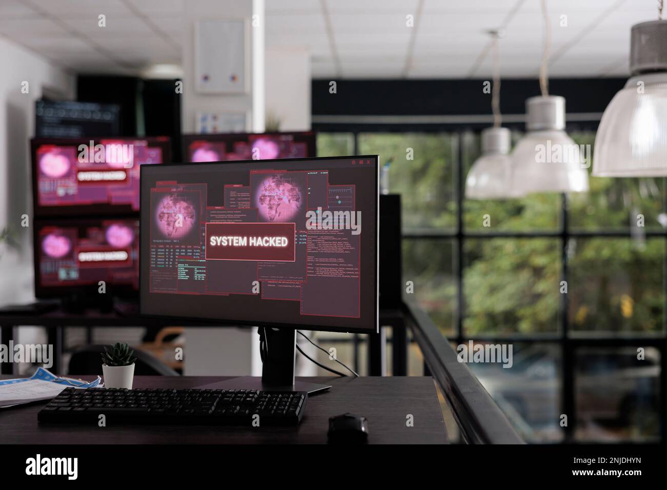 Computer Displays Showing Hacking Warning Alert After Security Breach Cyber Crime Attack With