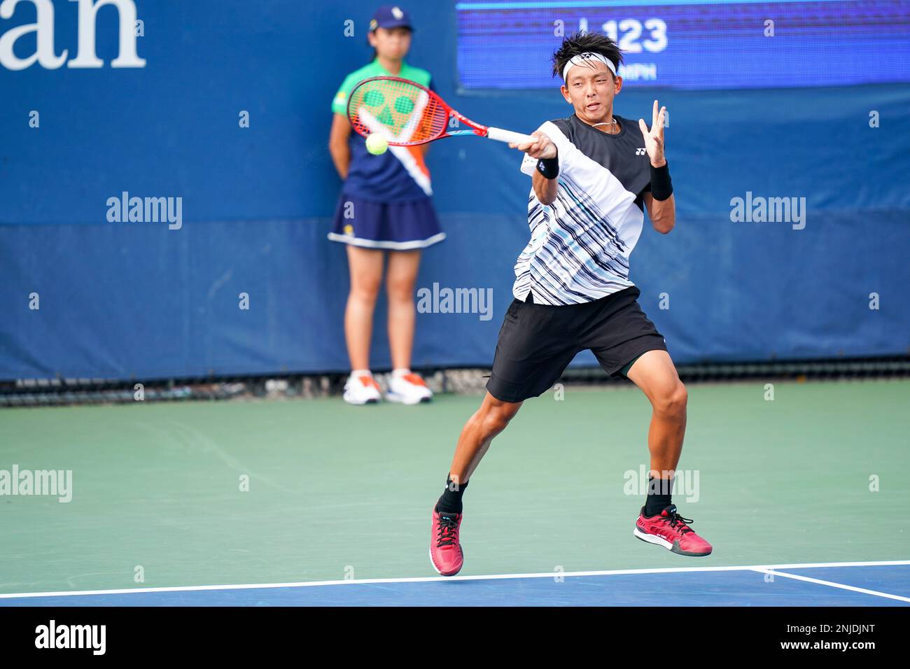 Aidan Kim in action during a junior boys' singles match at the 2022 US ...