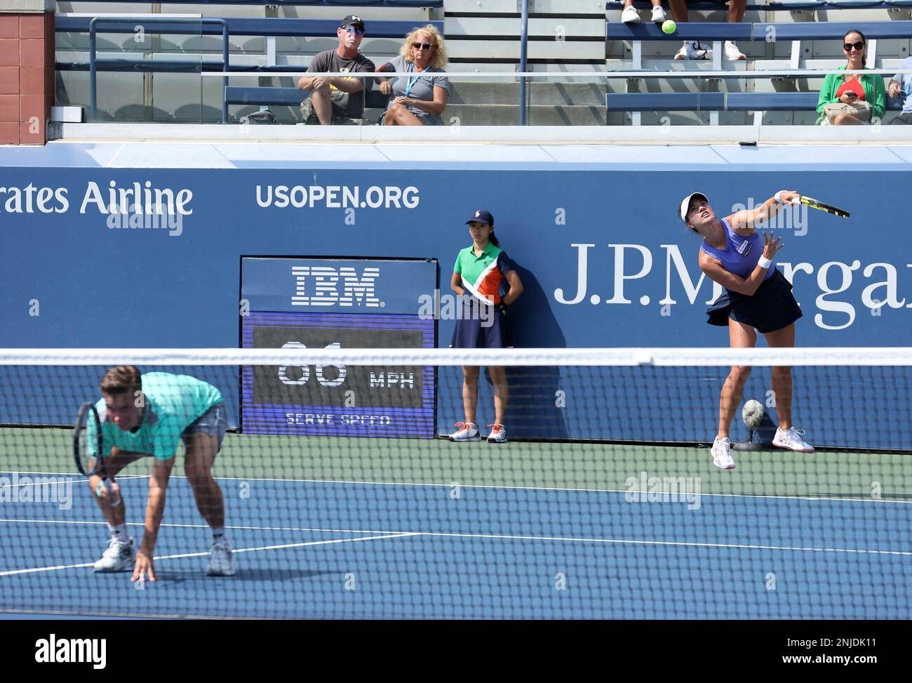 Desirae Krawczyk serves during a women's doubles match at the 2022 US Open, Monday, Sep. 5, 2022 ...