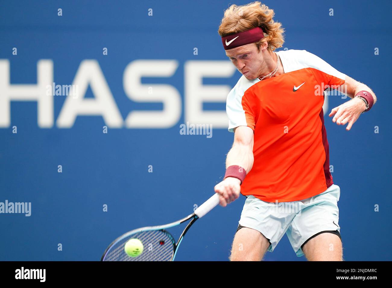 Andrey Rublev in action during a men's singles match at the 2022 US ...