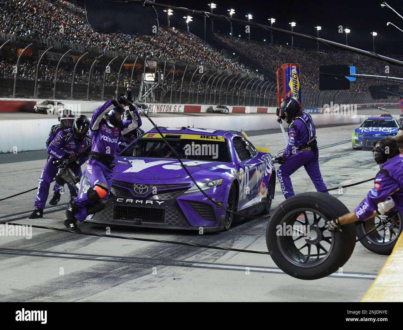 DARLINGTON, SC - SEPTEMBER 04: The pit crew of Christopher Bell (#20 Joe Gibbs Racing Yahoo ...