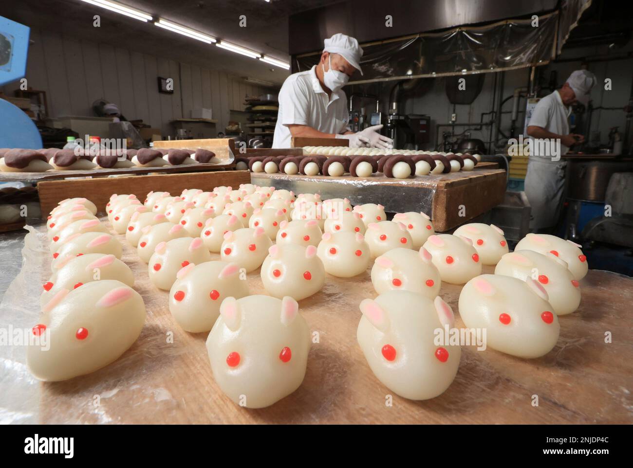 A wagashi Japanese confectioner is busy making rabbit shaped Tsukimi ...