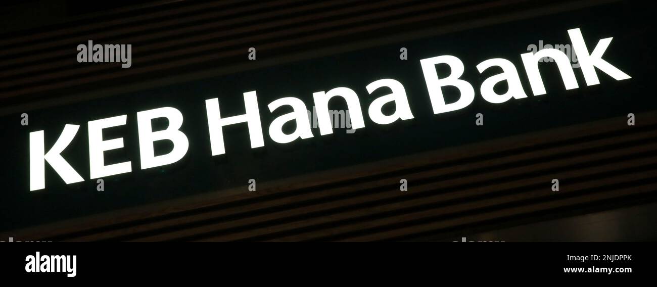 The trademark of KEB HANA BANK is seen in Chiyoda Ward, Tokyo on ...