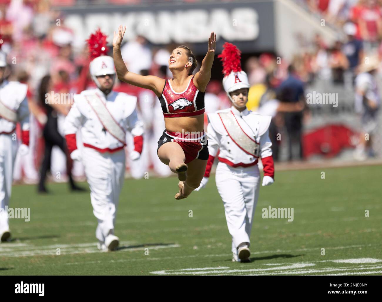 FAYETTEVILLE, AR - SEPTEMBER 03: A razorback majorette entertains the ...