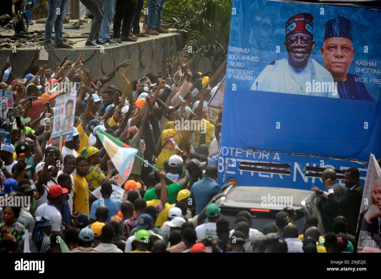 Lagos, Nigeria February 21, 2023 Crowd of party supporters as Asiwaju Bola Ahmed Tinubu ...
