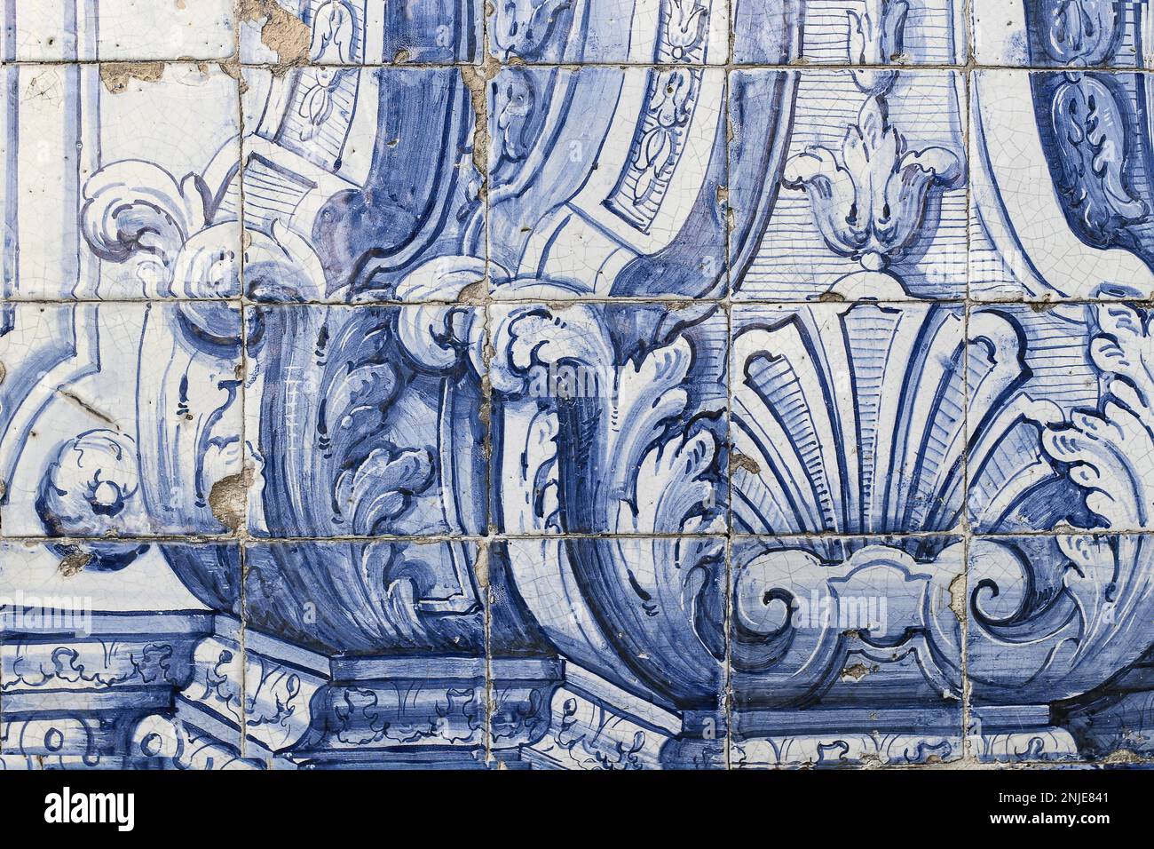 Detail of vintage Portuguese ceramic tiles. Old blue azulejo facade ...
