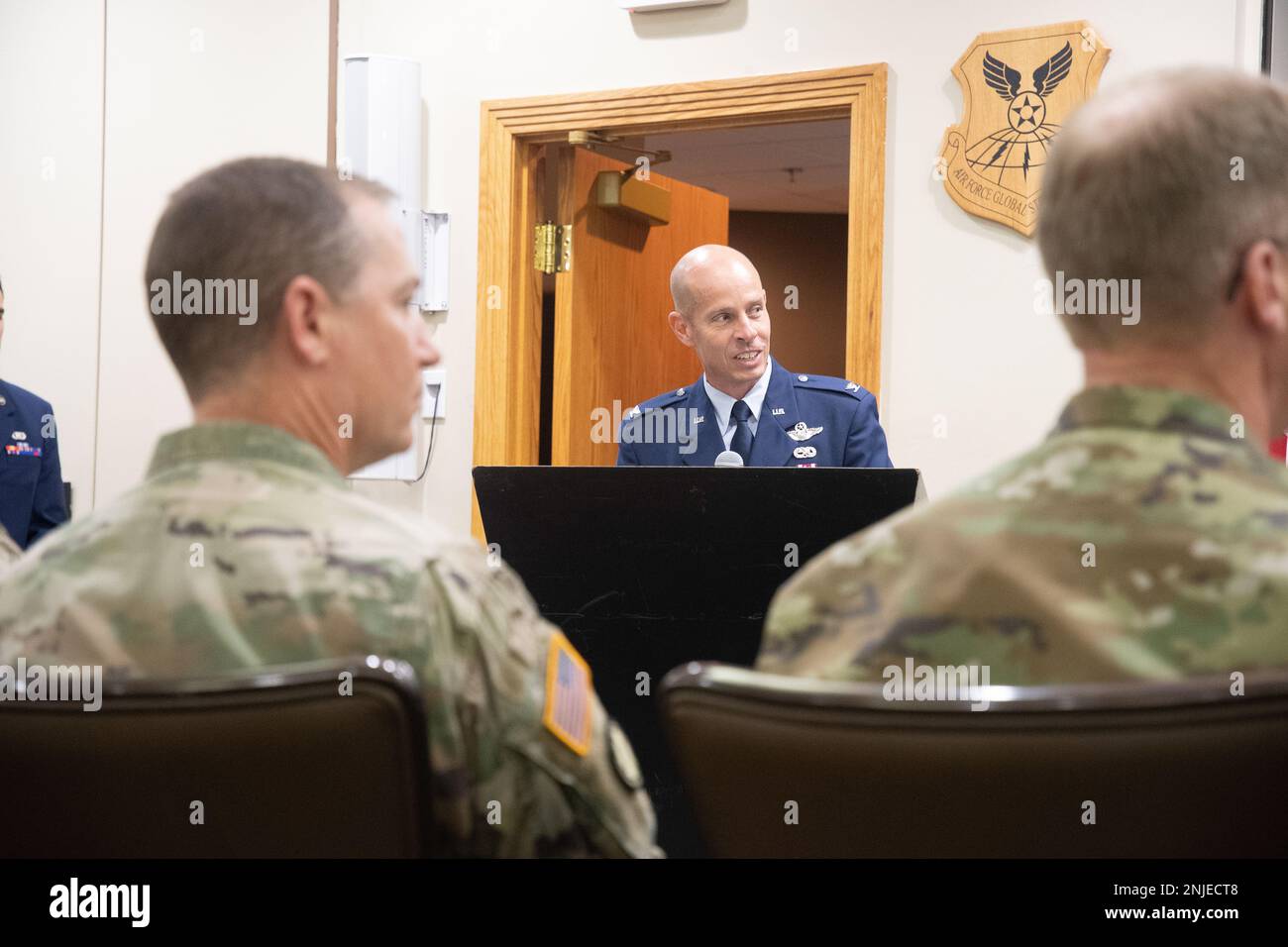 131st Bomb Wing commander Matthew Calhoun delivers remarks during an ...