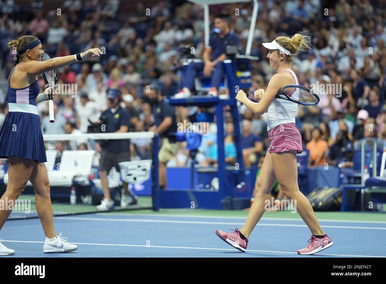 Lucie Hradecka and Linda Noskova celebrate during a women's doubles ...