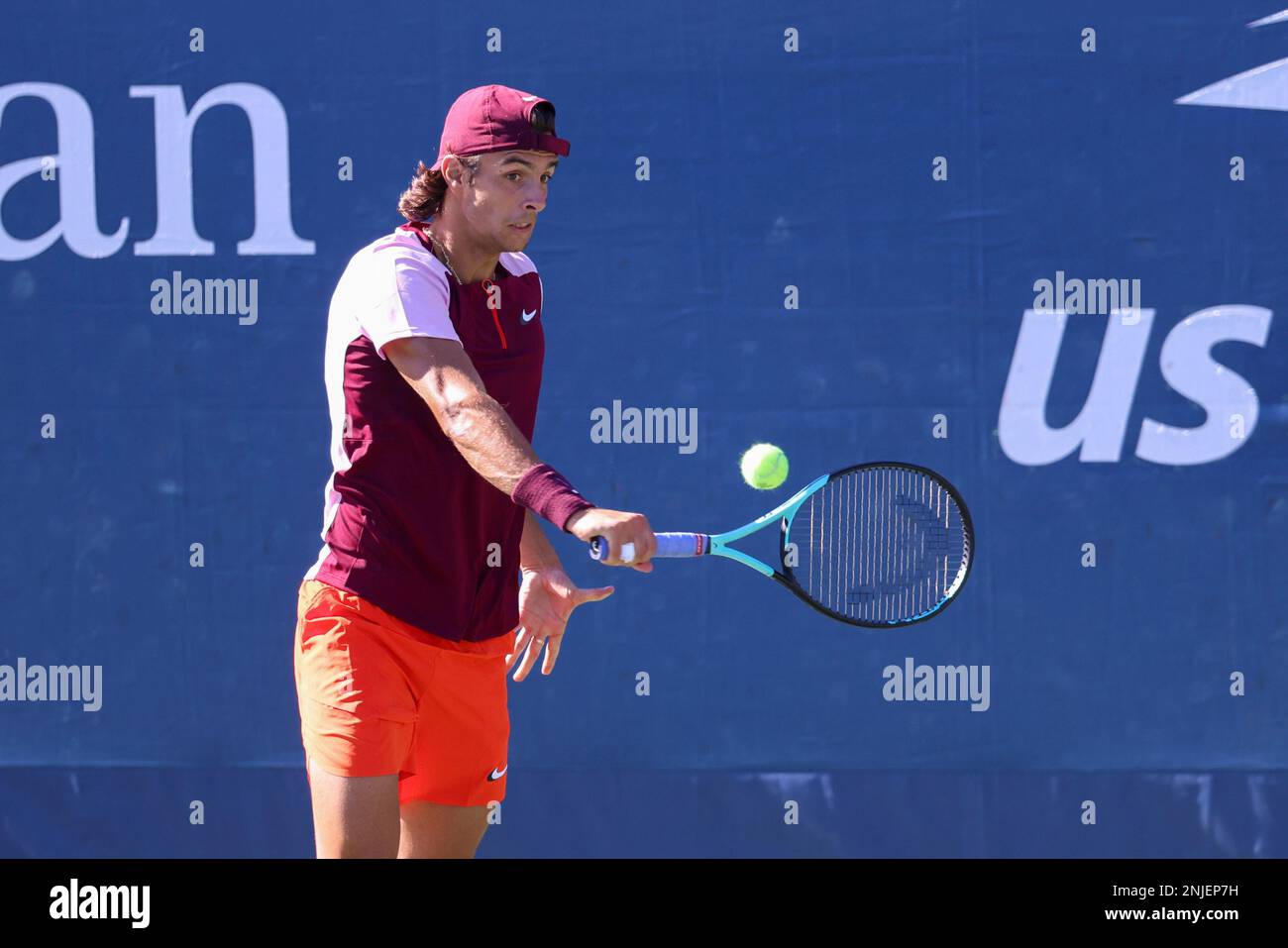 Lorenzo Musetti in action during a men's singles match at the 2022 US ...