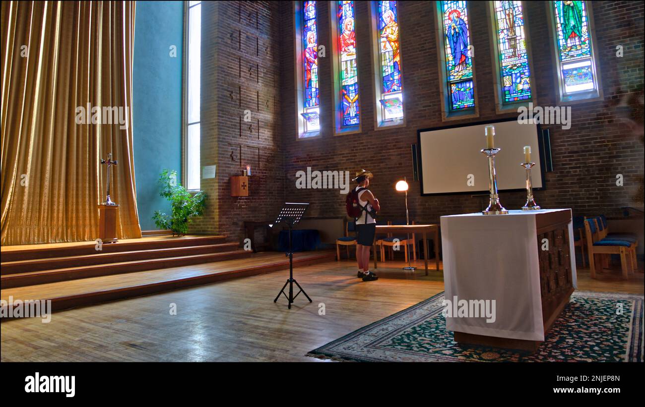 Interior of a modern church with stained glass Stock Photo - Alamy
