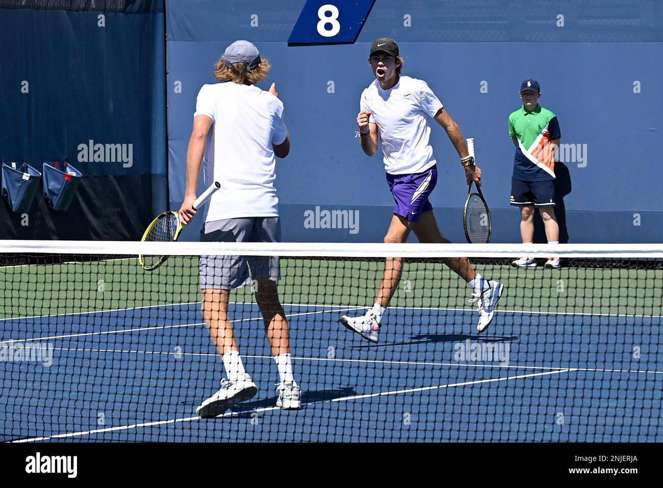 Sebastian Gorzny and Alex Michelsen react during a men's doubles match ...