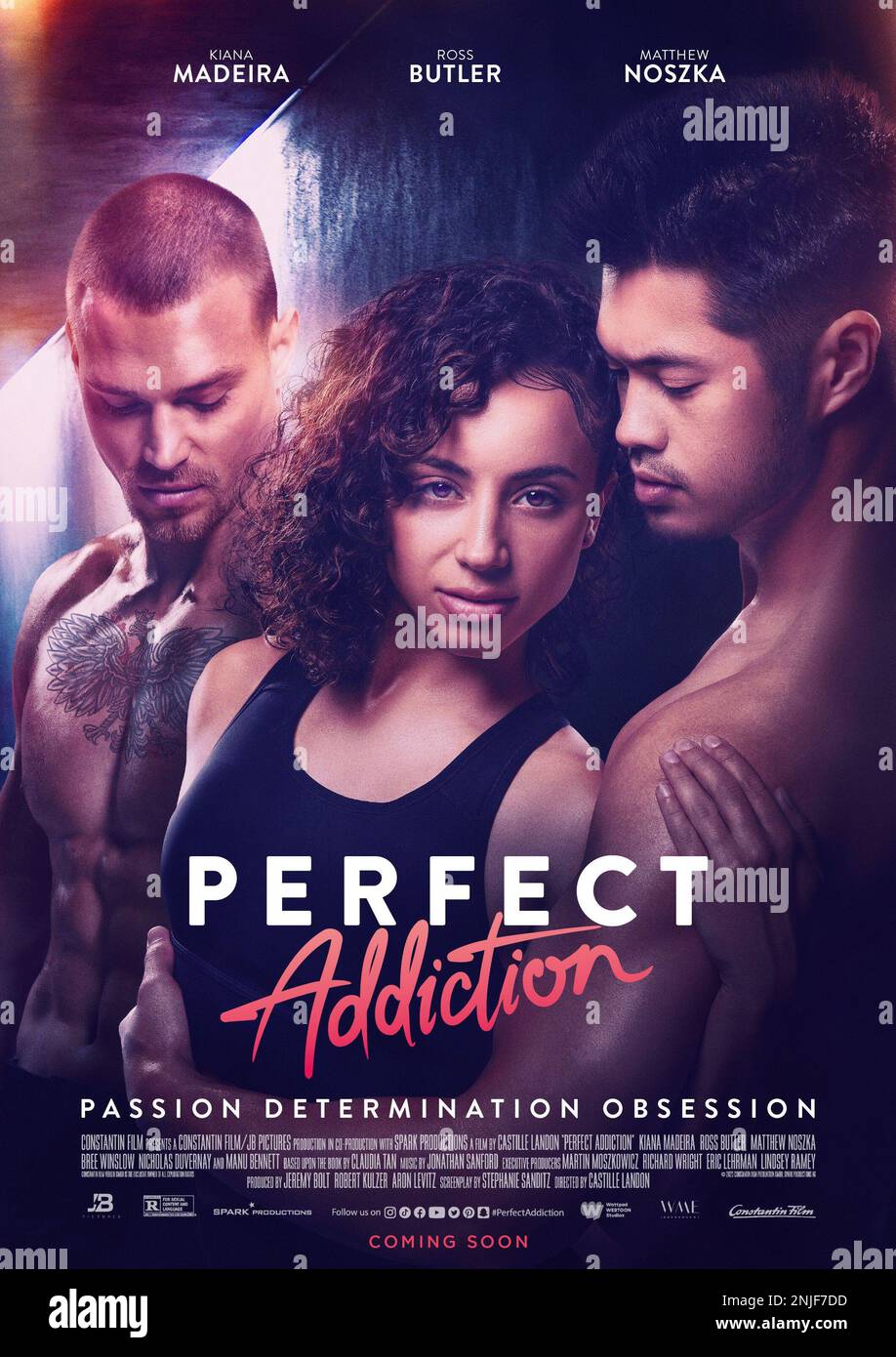 PERFECT ADDICTION, US poster, from left: Matthew Noszka, Kiana Madeira, Ross Butler, 2023 ...