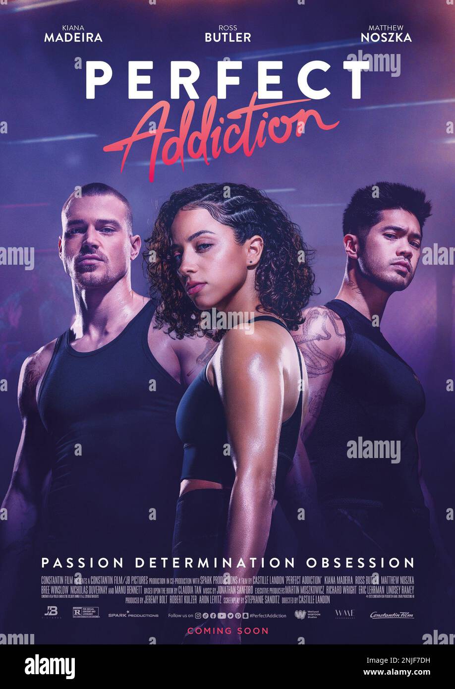 PERFECT ADDICTION, US poster, from left: Matthew Noszka, Kiana Madeira, Ross Butler, 2023 ...