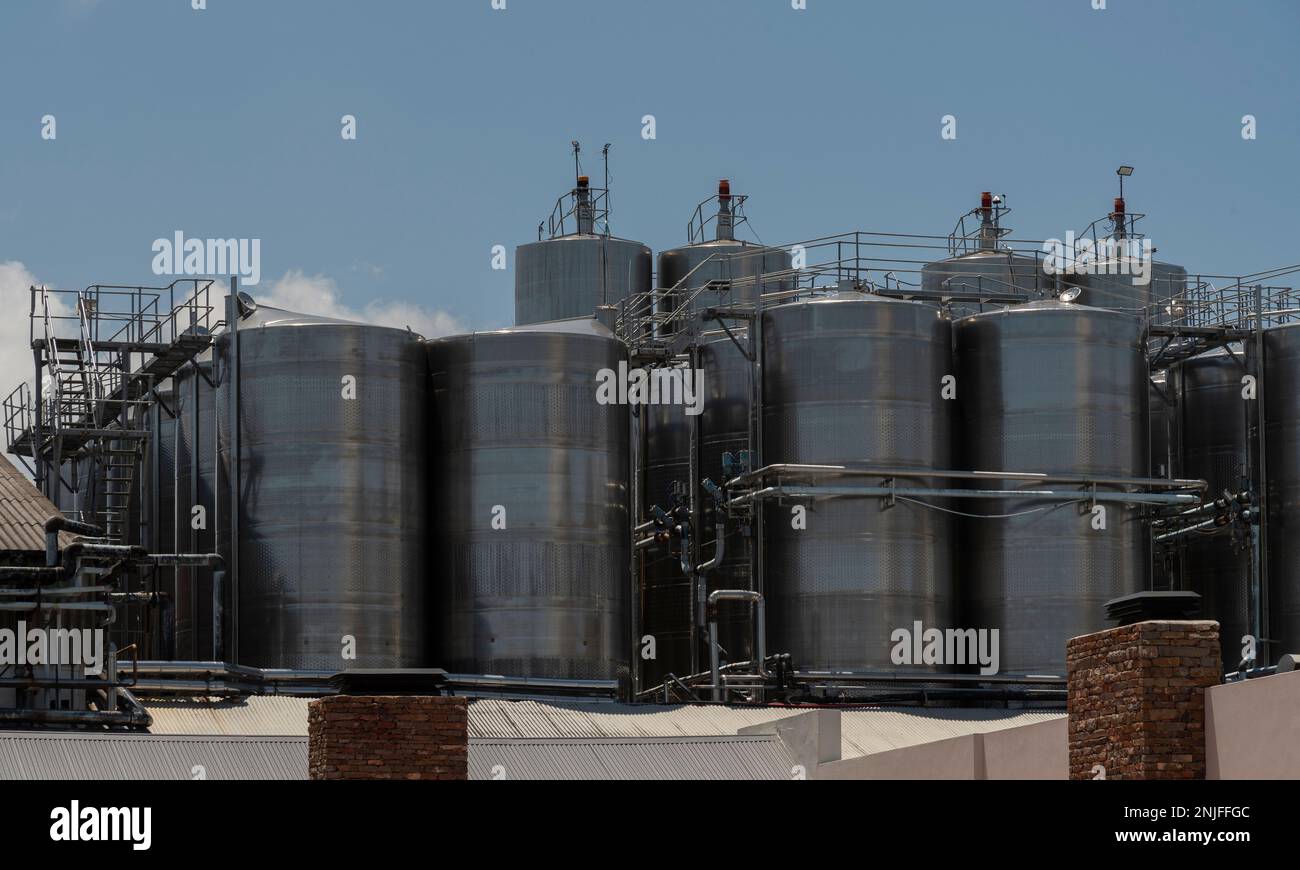 Robertson, Western Cape, South Africa. 2023. Stainless steel vats used ...