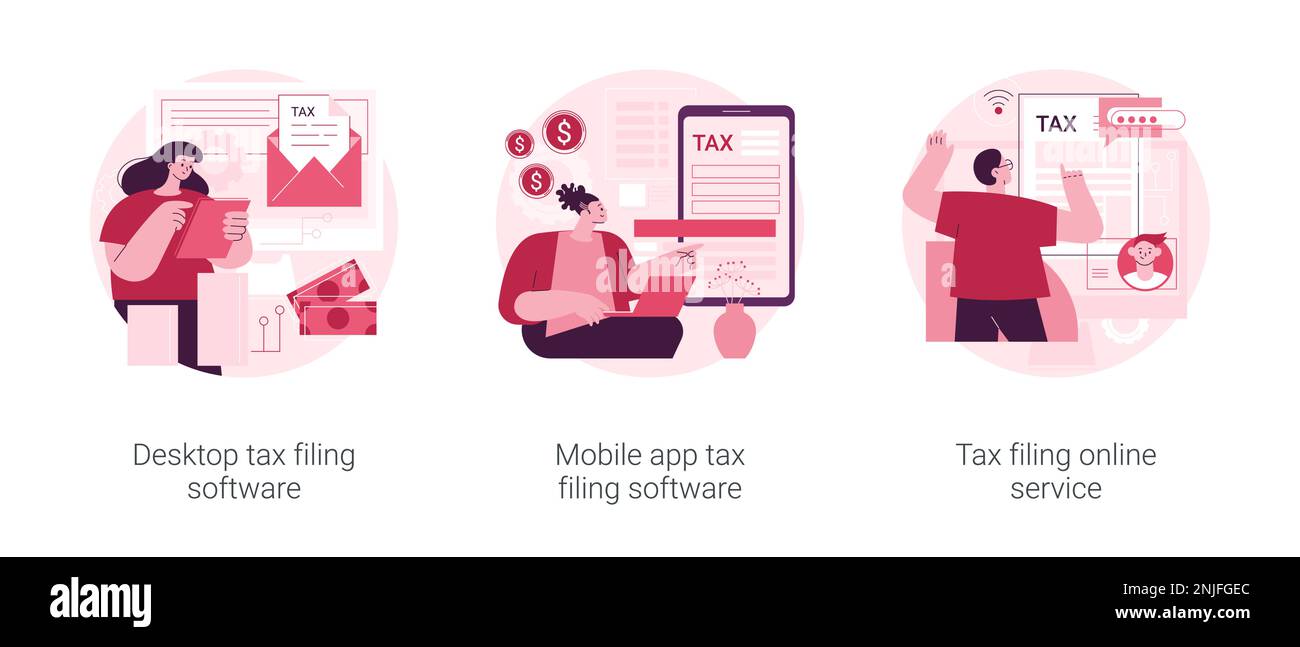 Tax software program abstract concept vector illustration set. Desktop ...