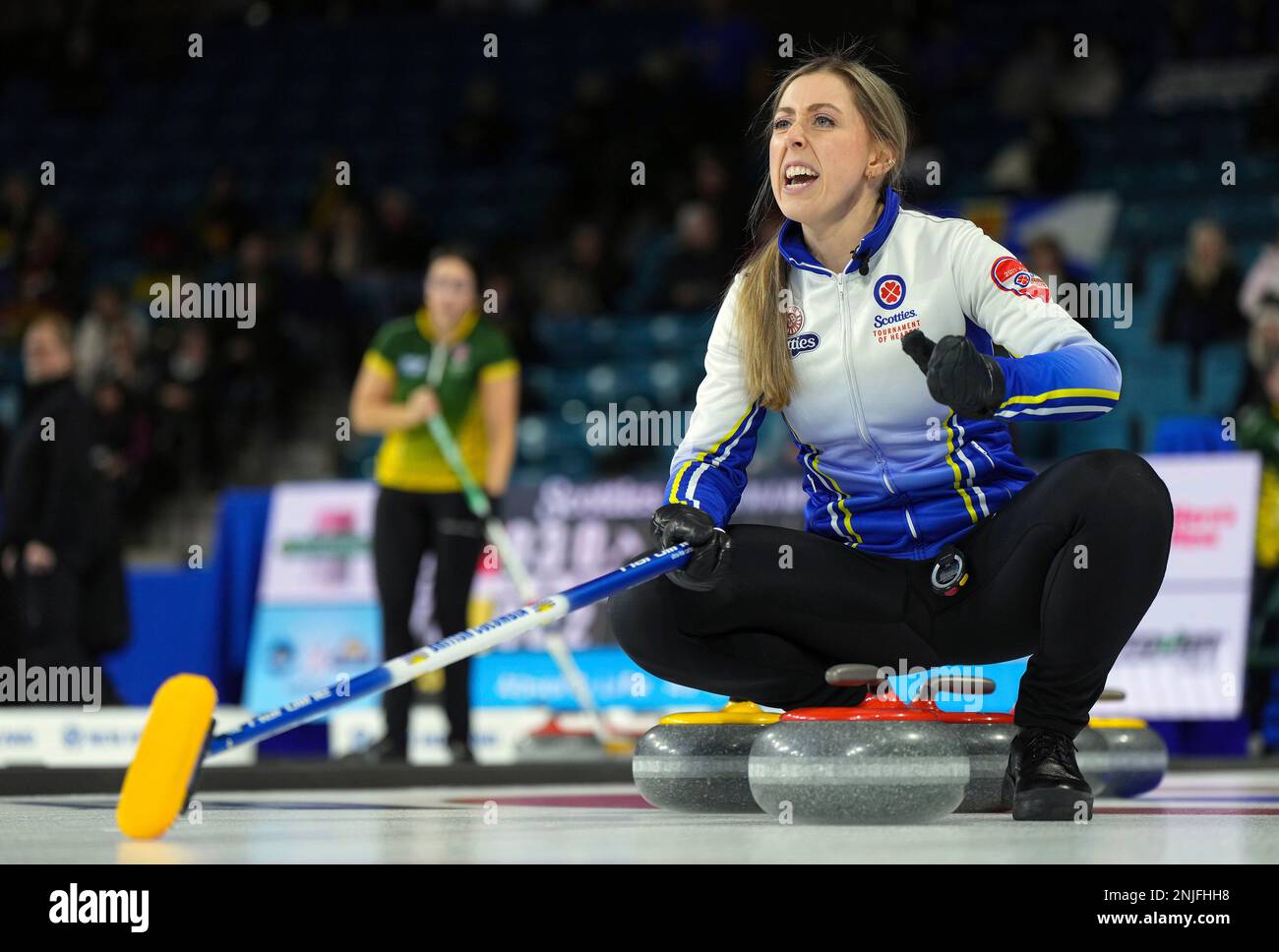 British Columbia skip Clancy Grandy calls out to the sweepers while ...