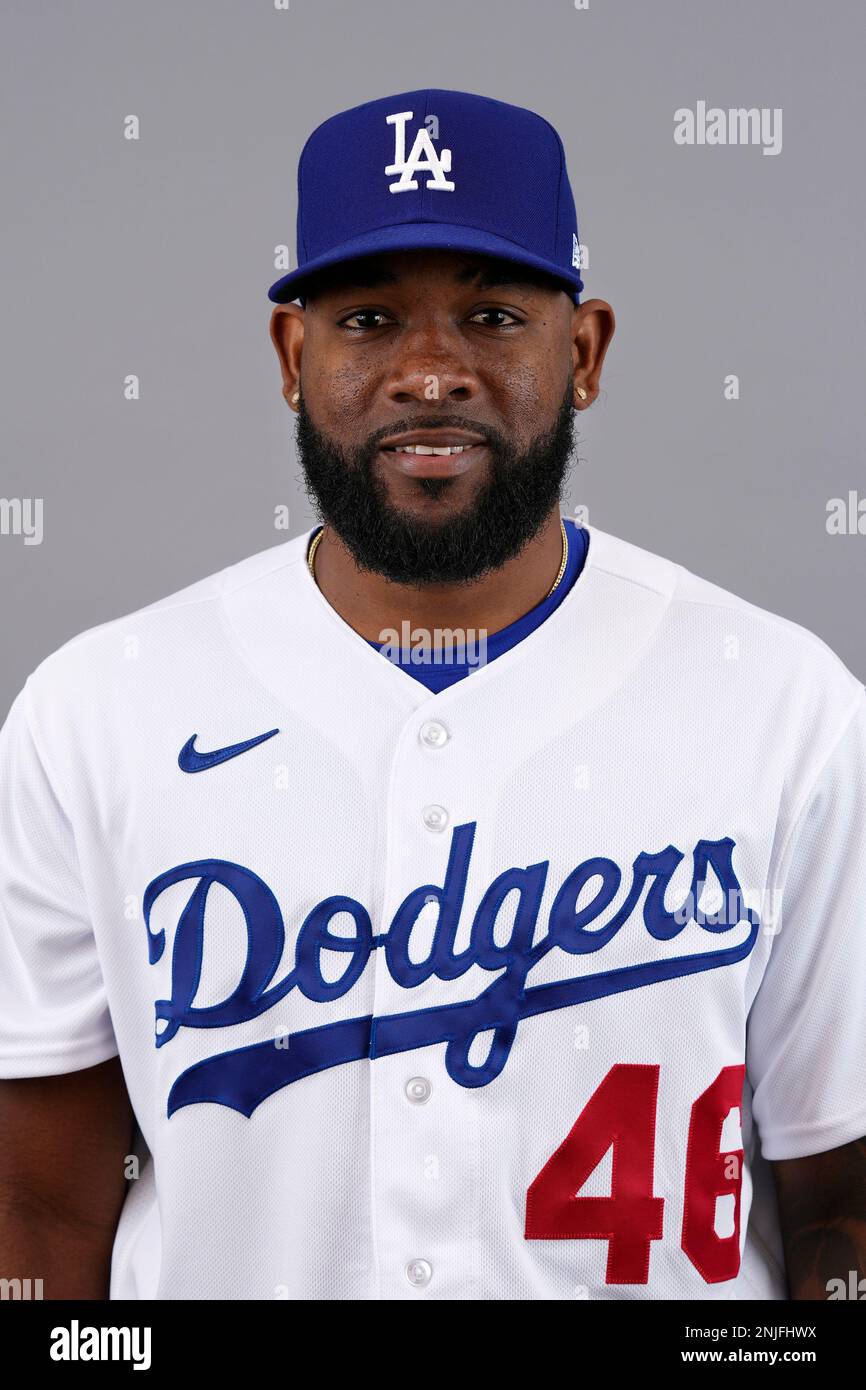 Los Angeles Dodgers pitcher Wander Suero poses for a photograph during ...