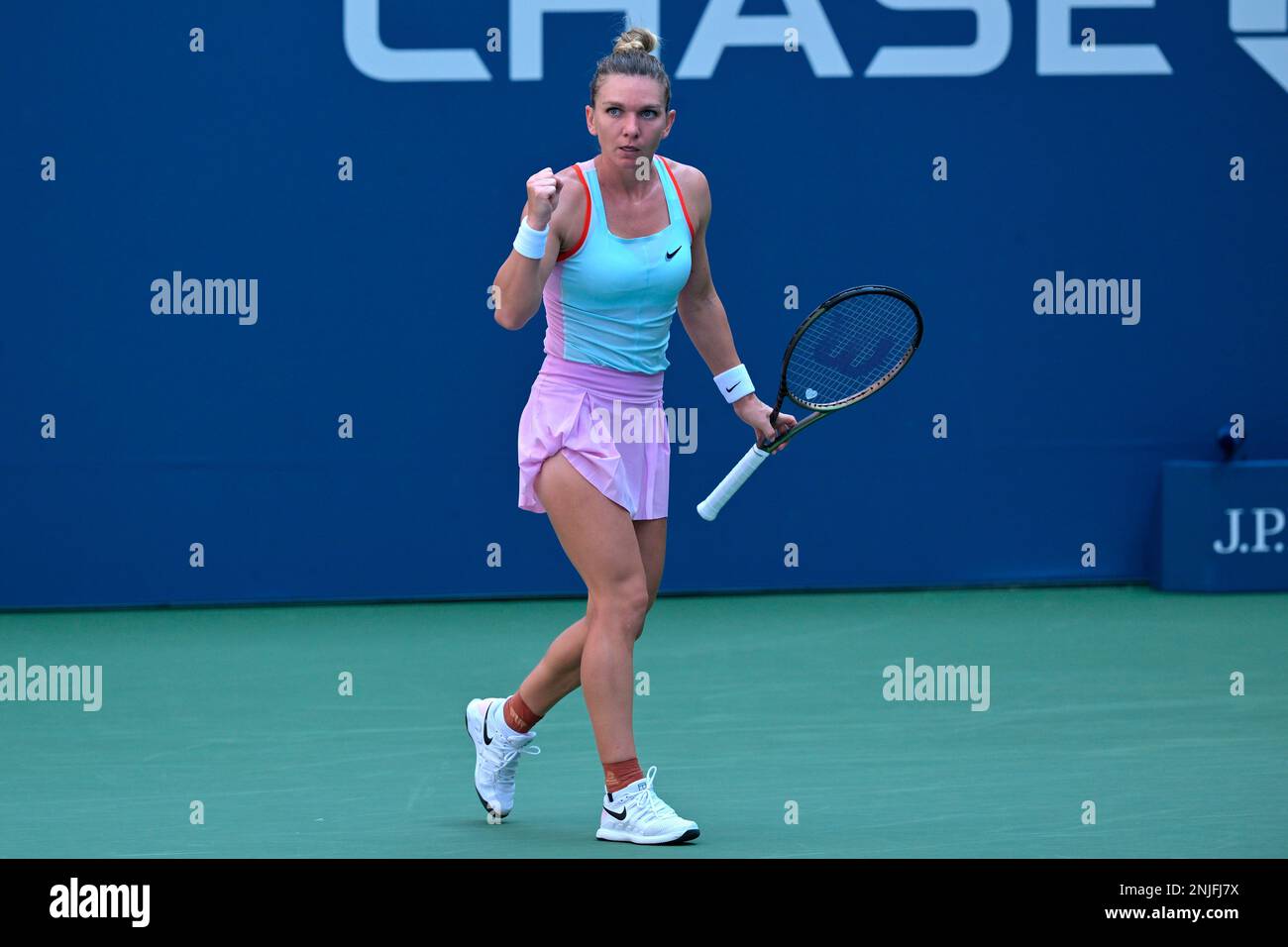 Simona Halep reacts during a women's singles match at the 2022 US Open ...