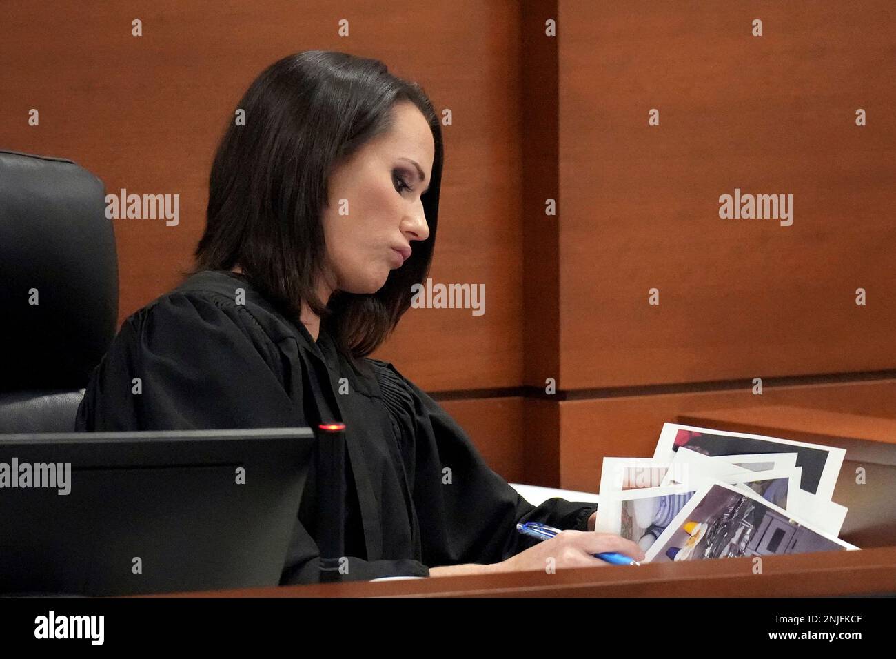 Judge Elizabeth Scherer flips through photographs submitted as exhibits ...