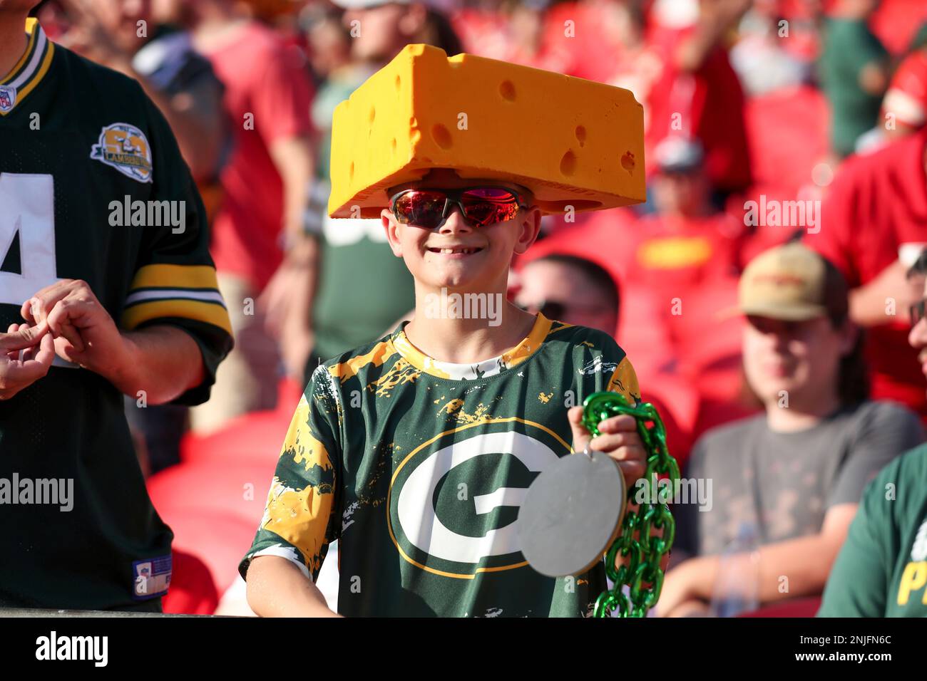 KANSAS CITY, MO - AUGUST 25: A young "cheesehead" fan in the stands ...