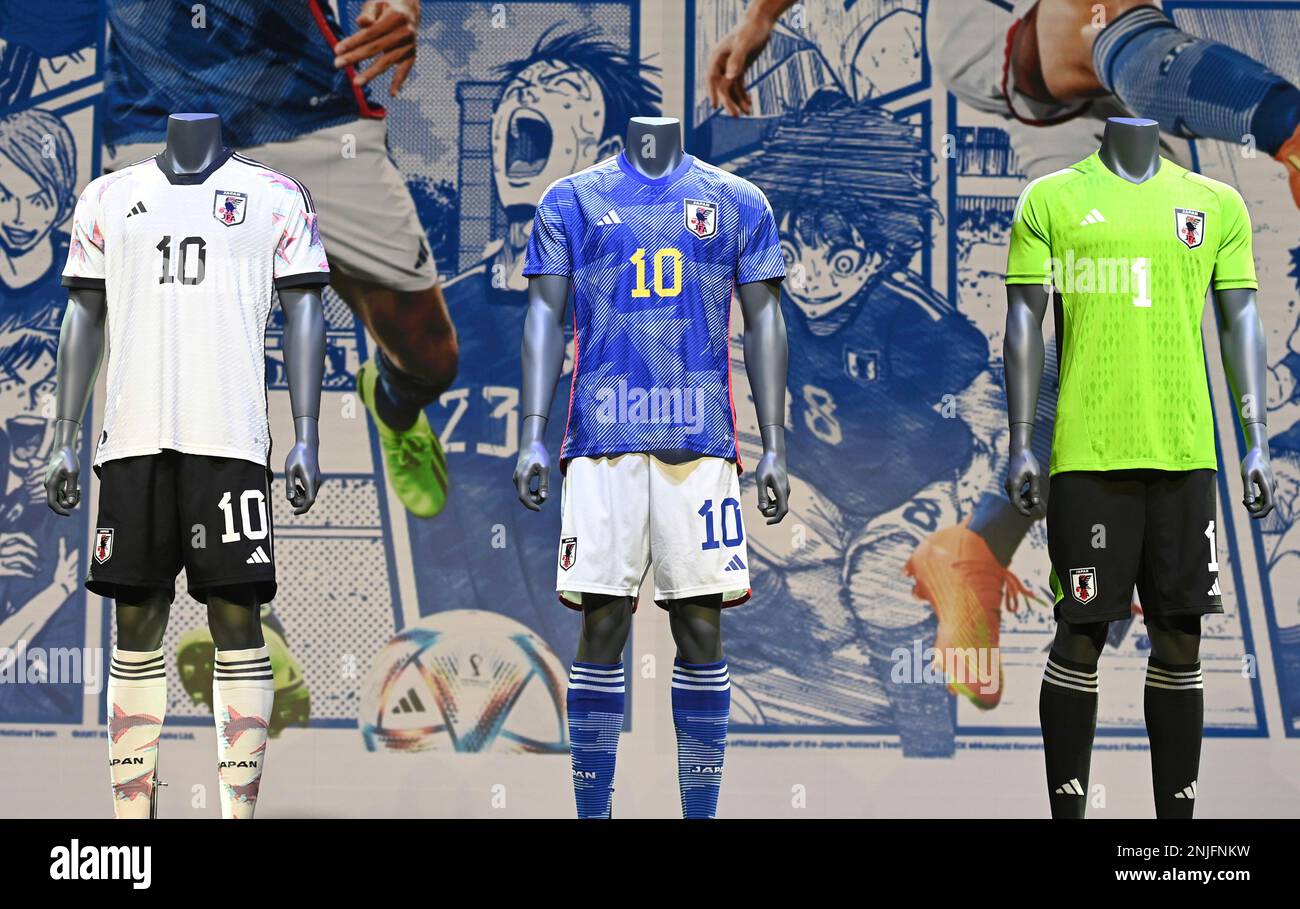 A photo shows the Japanese soccer national team jersey lineup (L-R ...