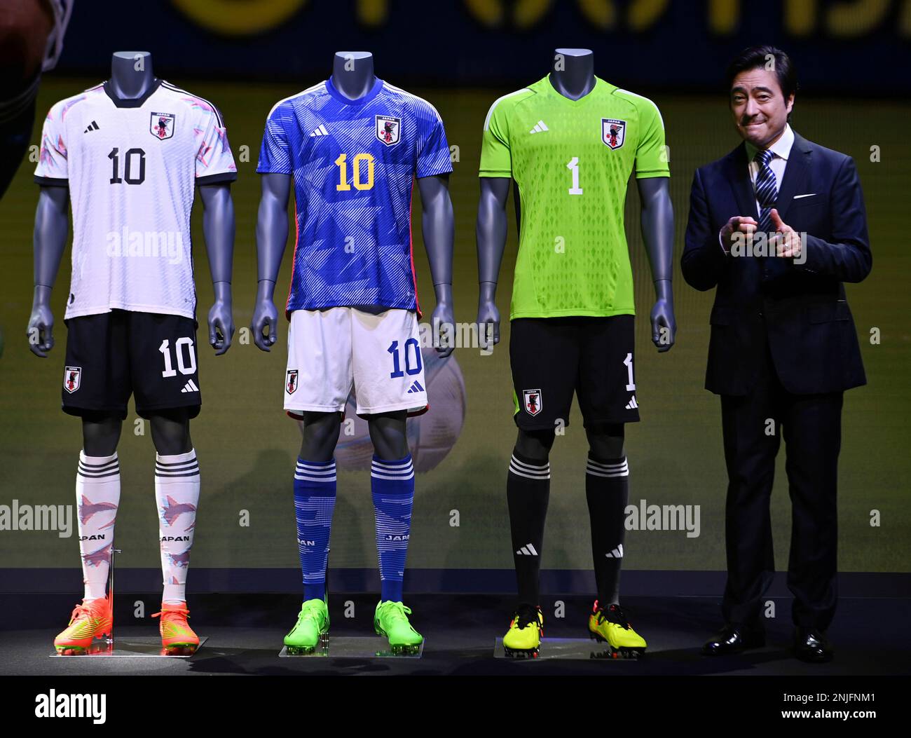 A photo shows the Japanese soccer national team jersey lineup (L-R ...