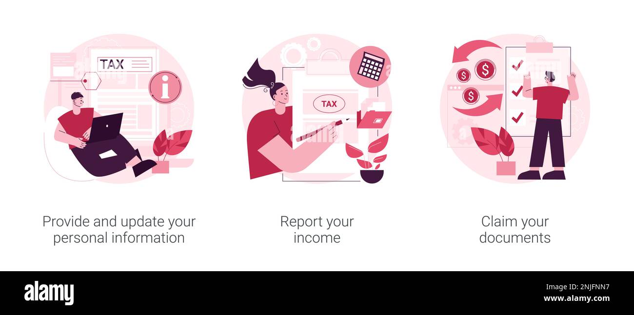 Tax filing abstract concept vector illustration set. Provide and update ...