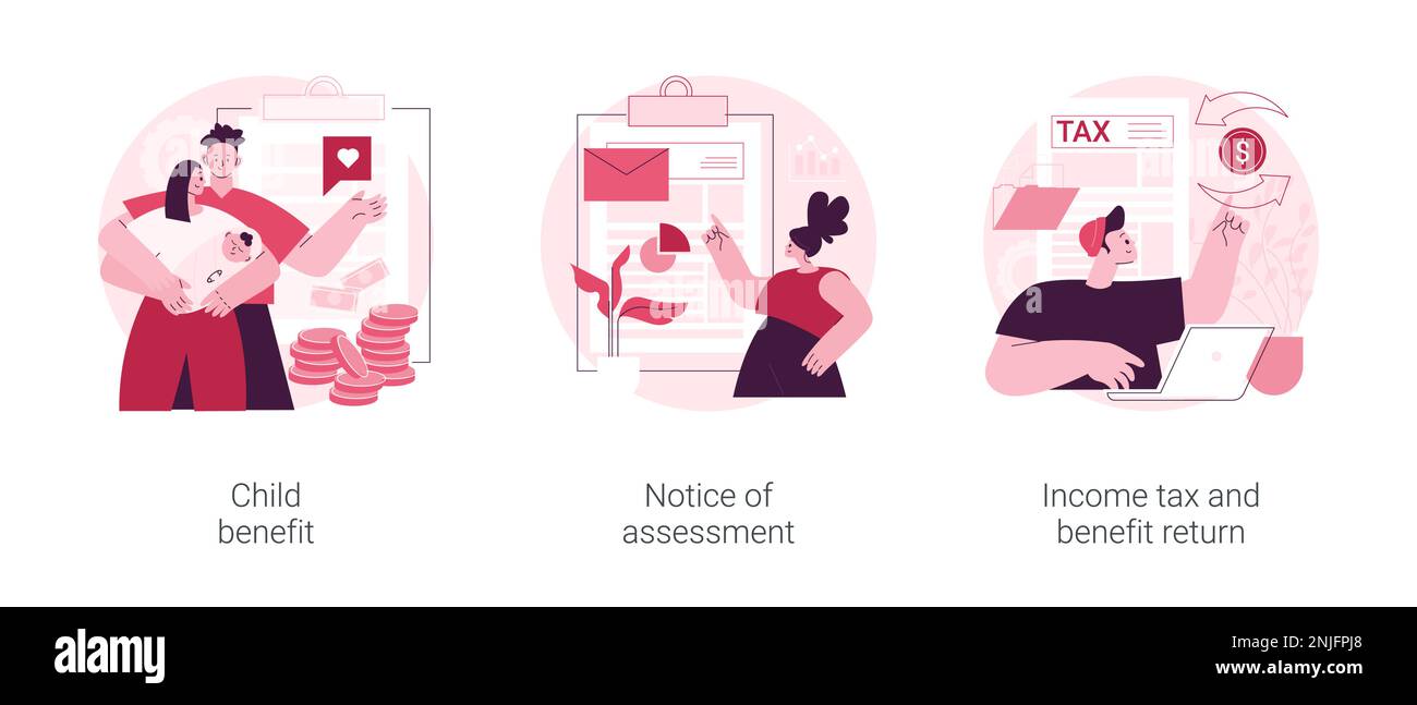 Income year abstract concept vector illustration set. Child benefit, notice of assessment ...