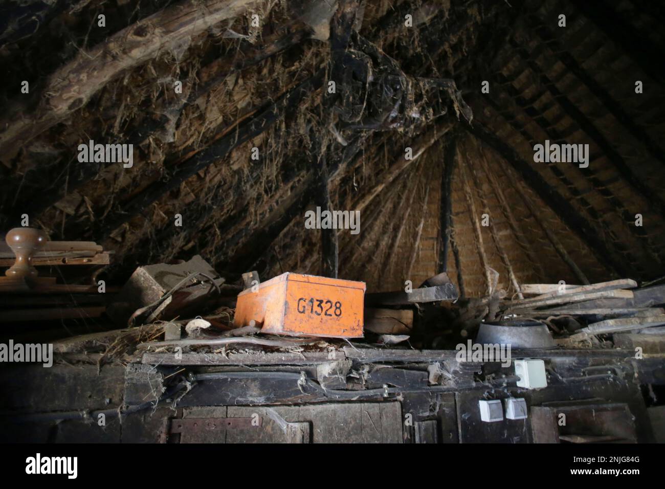 Rye straw roof inside a palloza, in the pre-Roman village of Piornedo ...