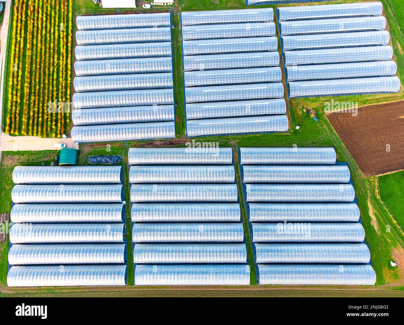 Aerial view of greenhouses and an orchard. Location: Slovenia Stock ...