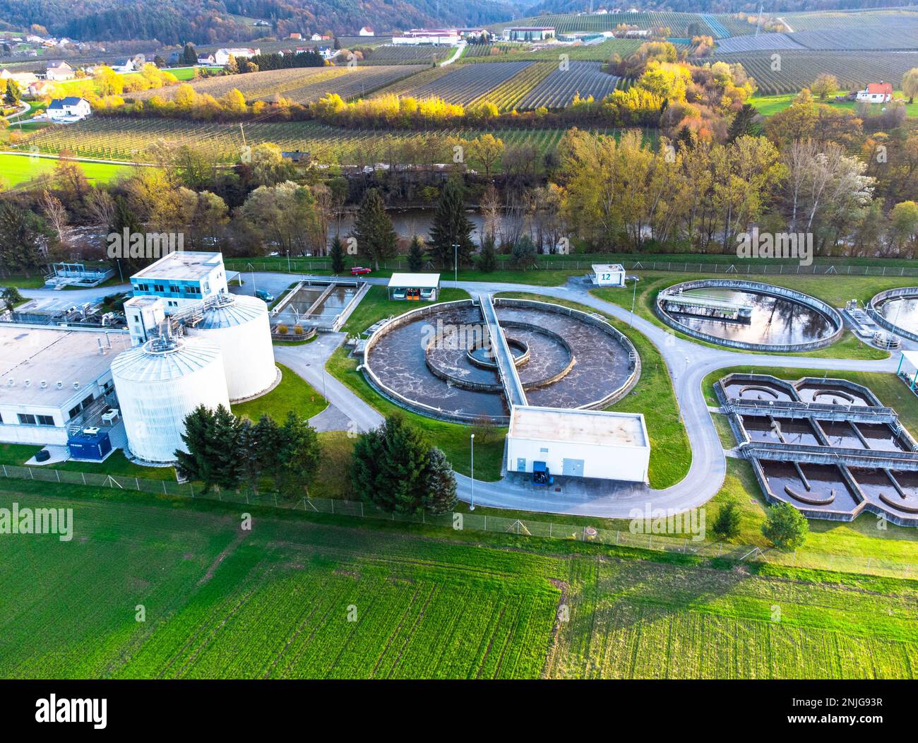 Waste water treatment plant in the country side of Slovenia. Aerial ...