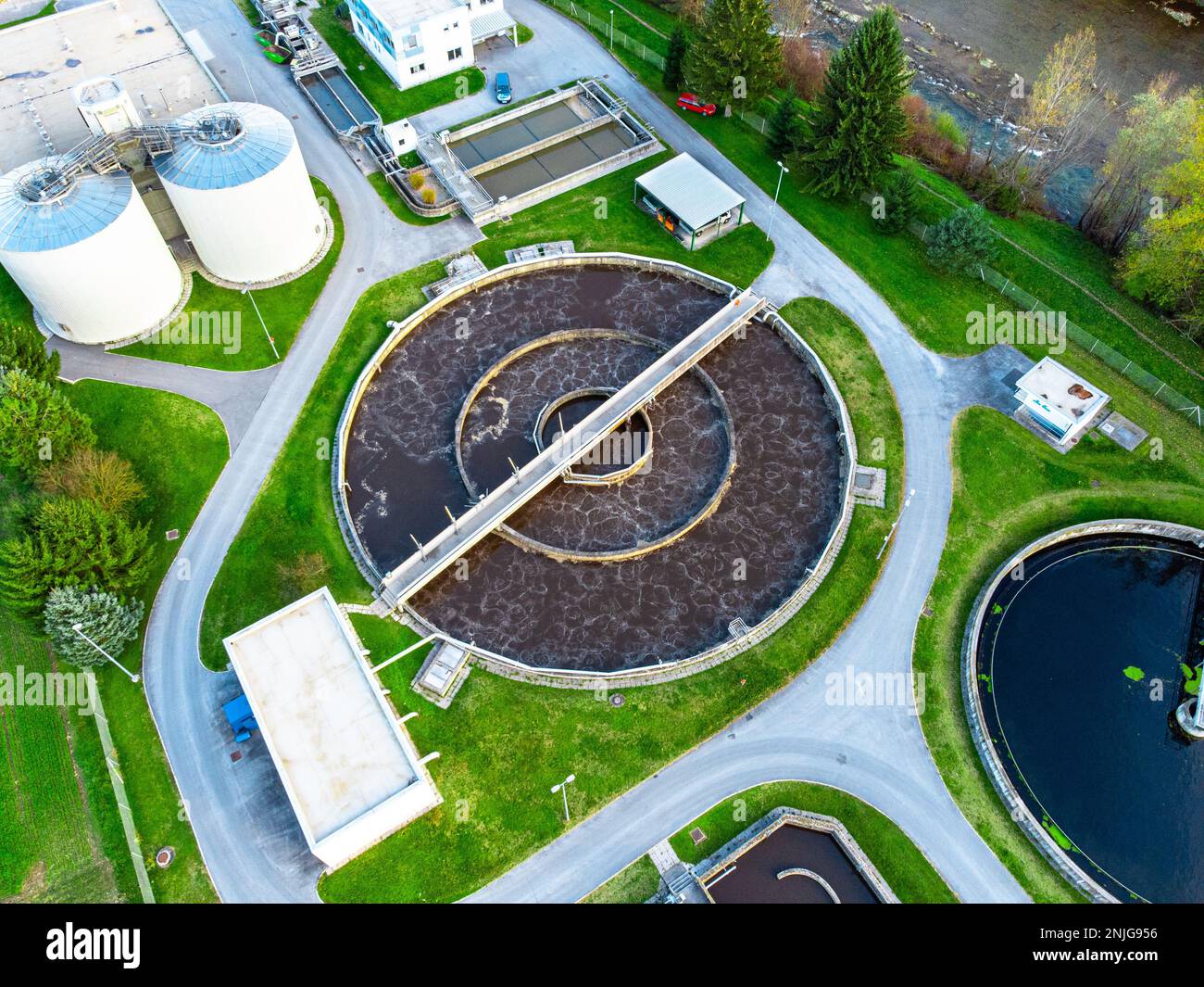 Waste water treatment plant in the country side of Slovenia. Aerial ...