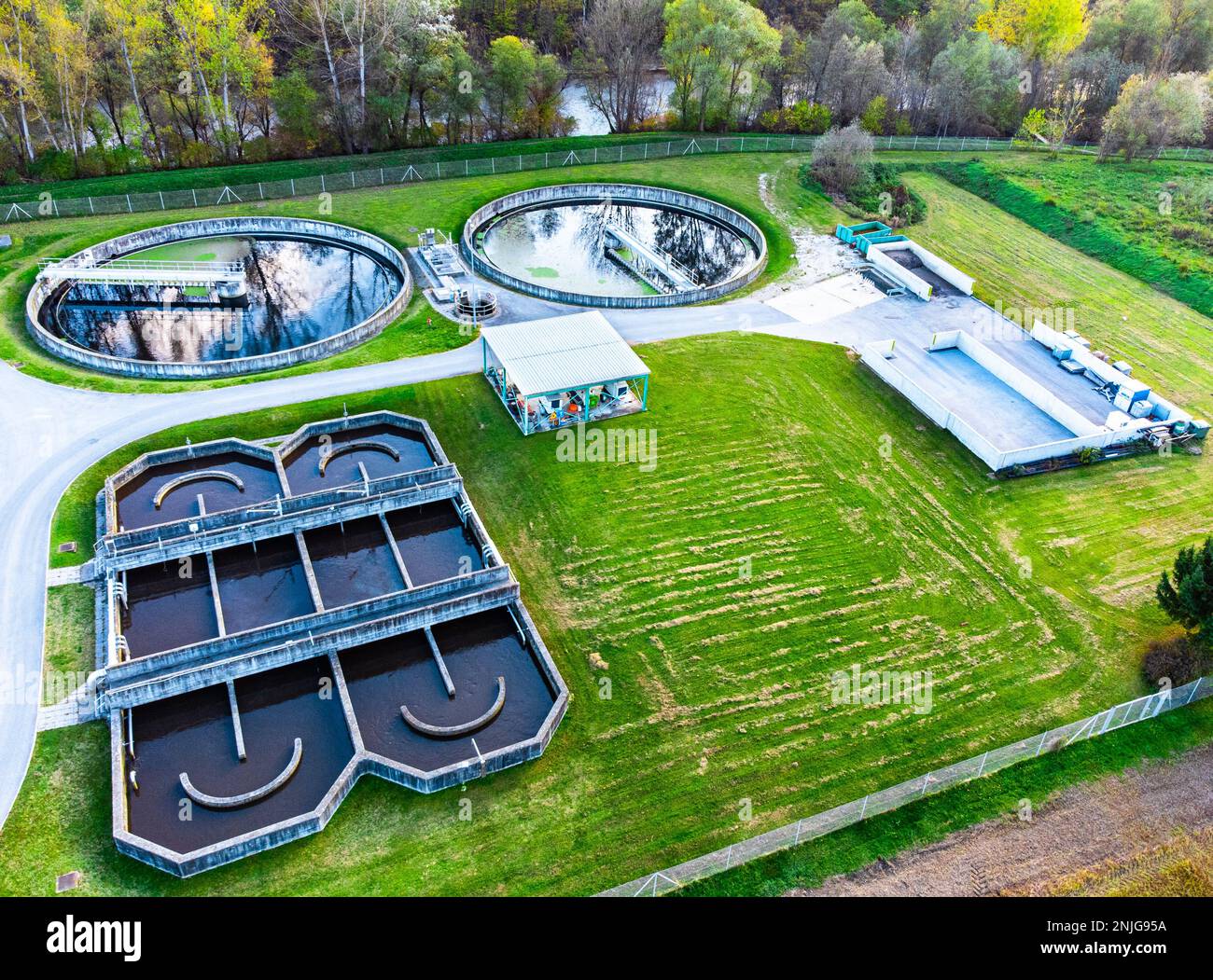 Waste water treatment plant in the country side of Slovenia. Aerial ...