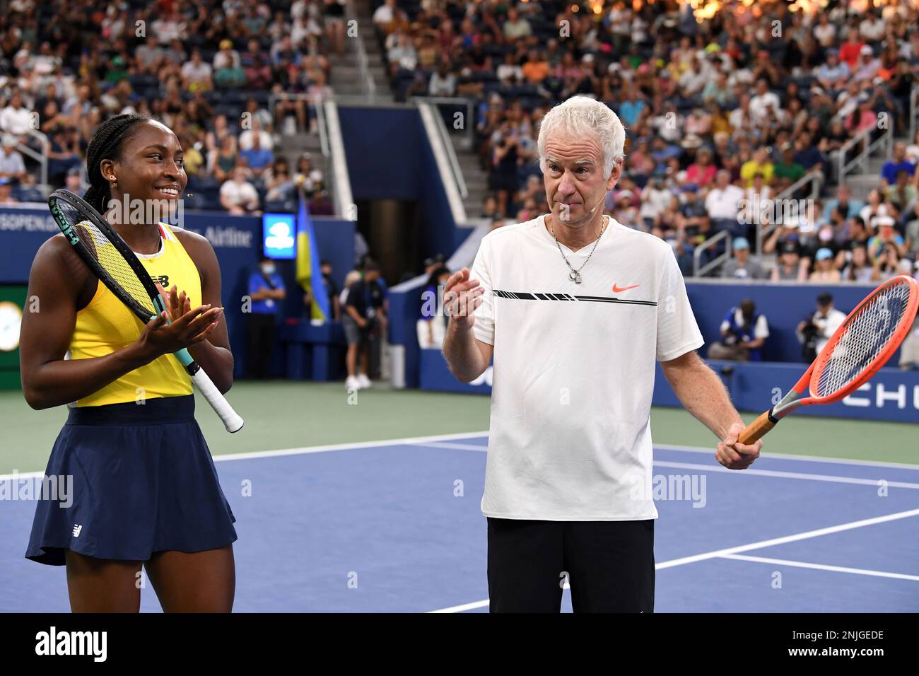 Coco Gauff and John McEnroe during the Tennis Plays For Peace event at the 2022 US Open ...