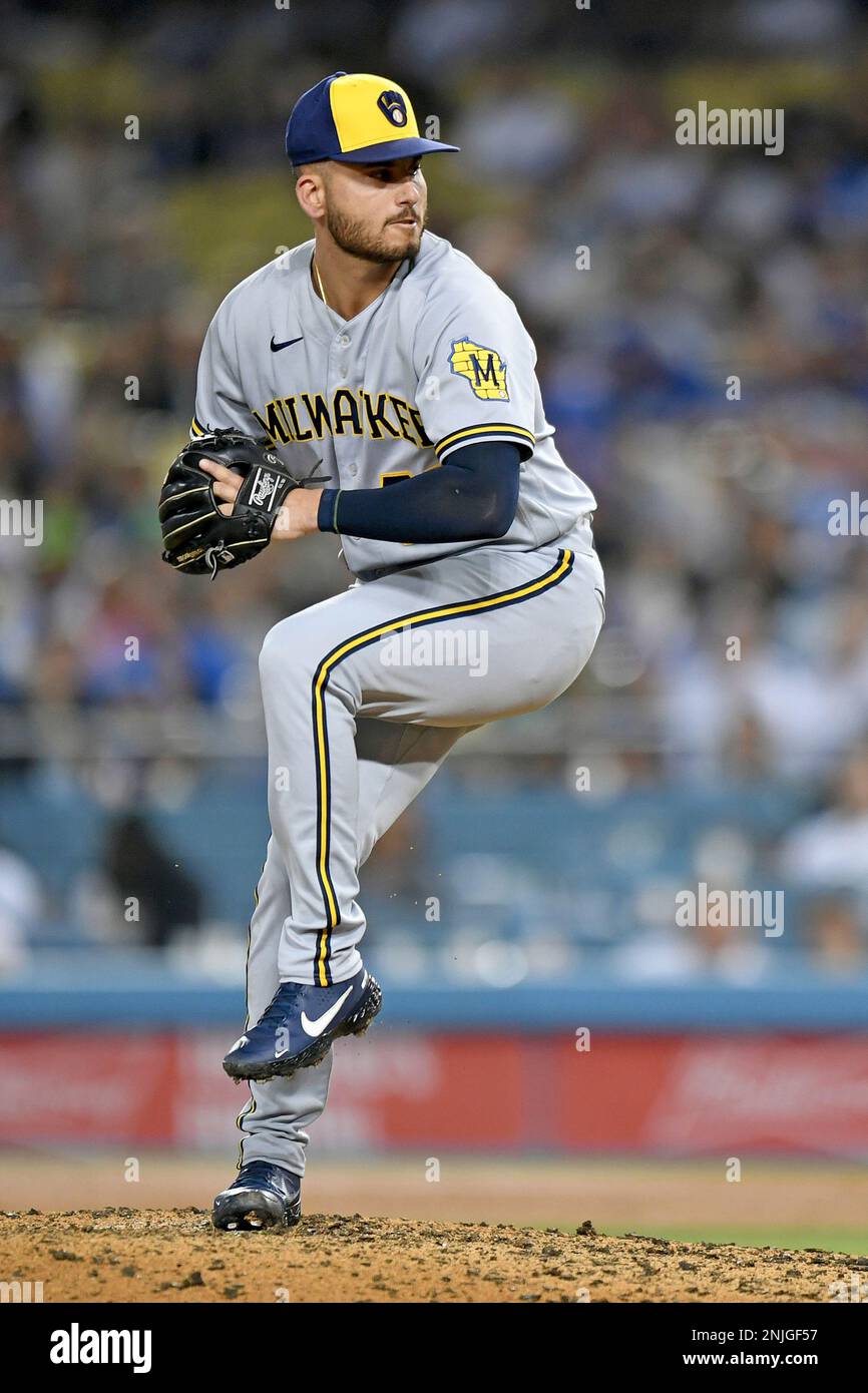 LOS ANGELES, CA - AUGUST 22: Milwaukee Brewers Pitcher Peter Strzelecki ...
